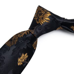 DiBanGu Men Golden Black Floral Neckties Silk Black Floral Tie and Pocket Square Cufflinks Party Wedding