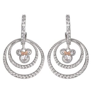 Disney Minnie Mouse Jewelry, Double Hoop Cubic Zirconia Dangle Earrings, Two Tone, Sterling Silver