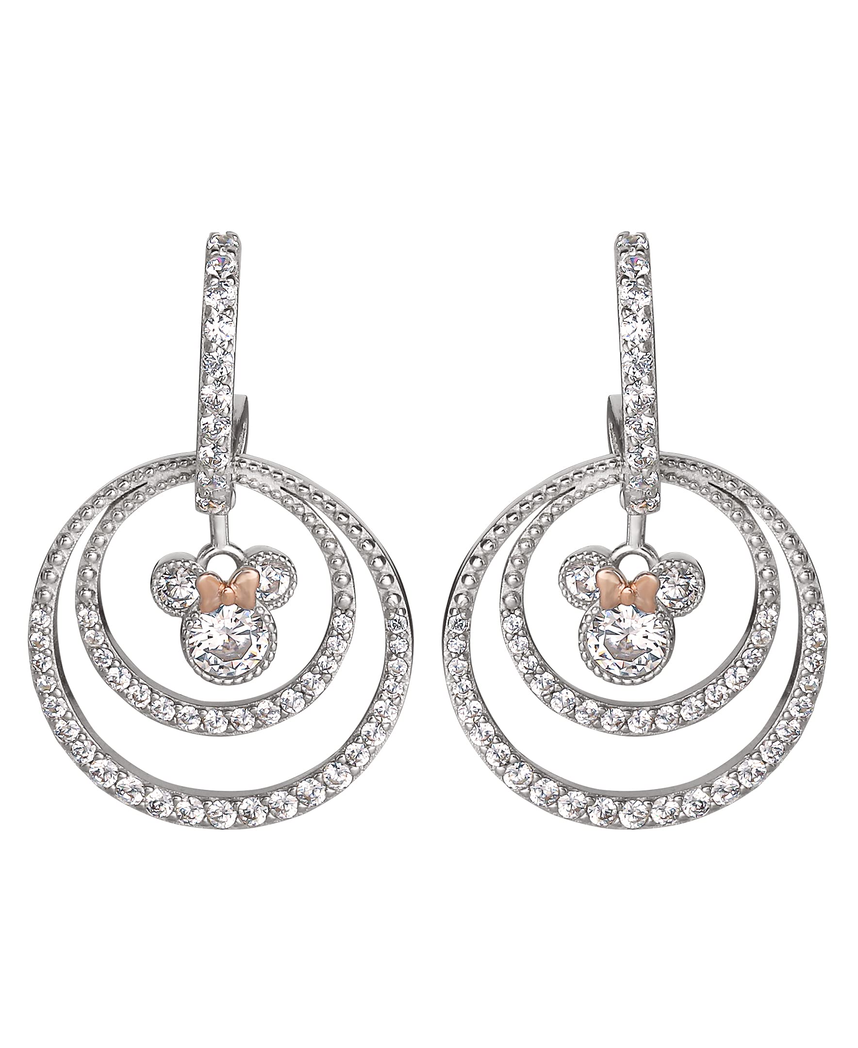 Disney Minnie Mouse Jewelry, Double Hoop Cubic Zirconia Dangle Earrings, Two Tone, Sterling Silver