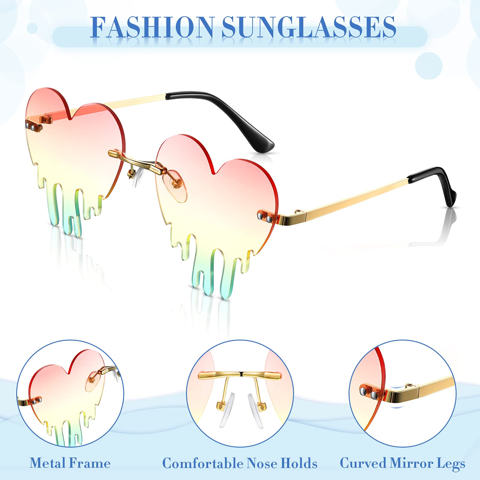 TOODOO 3 Pairs Dripping Heart Sunglasses for Women Melting Heart Shaped Party Sunglasses Valentines Day Rimless Colorful Irregular Eye Glasses for Valentines Day Party