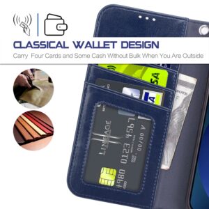 Arae Compatible with iPhone 13 Case with Card Holder and Wrist Strap Wallet Flip Cover for iPhone 13 6.1 inch-Blue