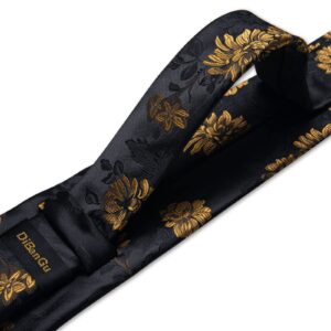 DiBanGu Men Golden Black Floral Neckties Silk Black Floral Tie and Pocket Square Cufflinks Party Wedding