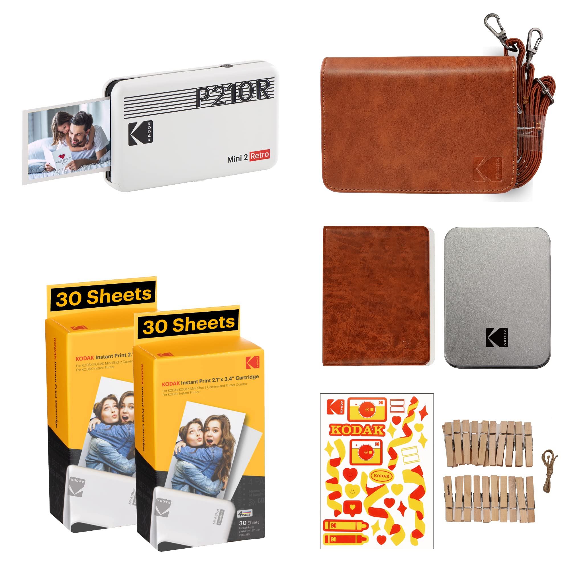 KODAK Mini 2 Retro 4PASS Portable Photo Printer (2.1x3.4 inches) Initial 8 Sheets + 60 Sheets + Gift Bundle, White