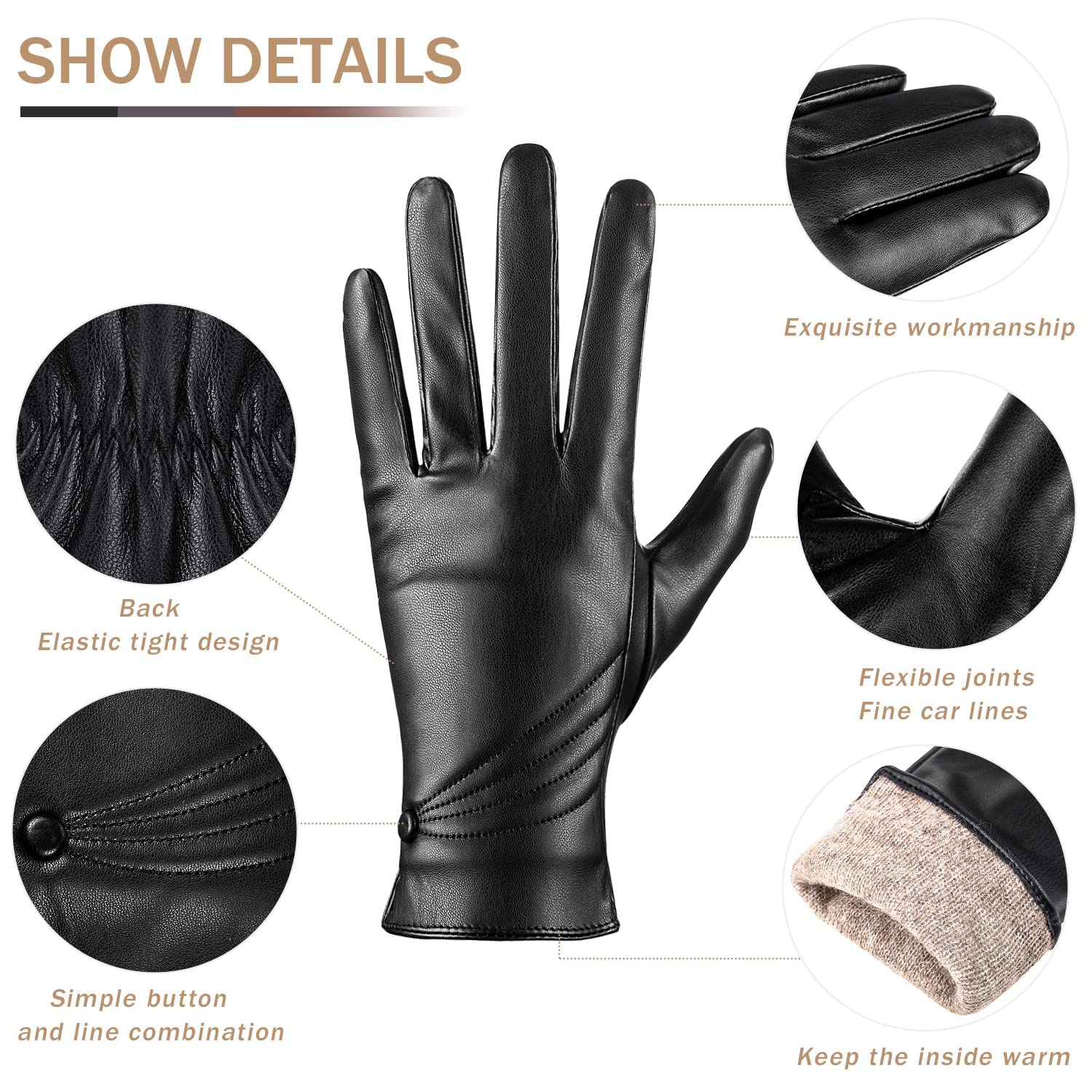 ISHISBEB Winter Leather Gloves for Women, Warm Touchscreen Driving Texting Cashmere Lined Gloves