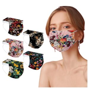 folou 50pc summer flower disposable face_masks with designs, 3-ply floral breathable face_mask with nose wire, protective with printed design for adults holiday party (floral-d),50 count (pack of 1)