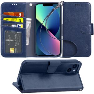 arae compatible with iphone 13 case with card holder and wrist strap wallet flip cover for iphone 13 6.1 inch-blue