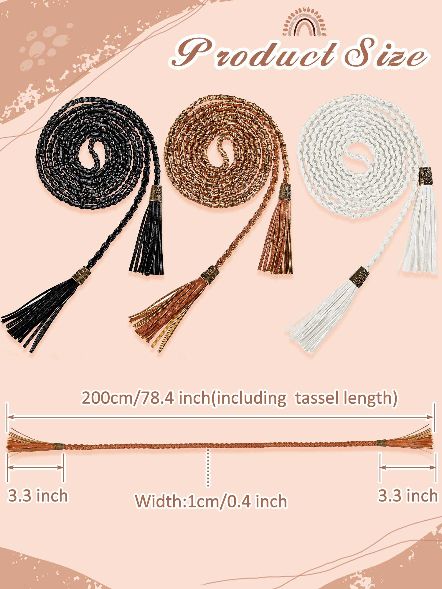 SATINIOR 5 Pieces Women's Tassel Braided Waist Belt Skinny Chain Belts PU Leather Braided Dress Belts Woven Rope Belts Skirt Dress, Christmas Party, Black, White, Beige, Camel and Brown, Different