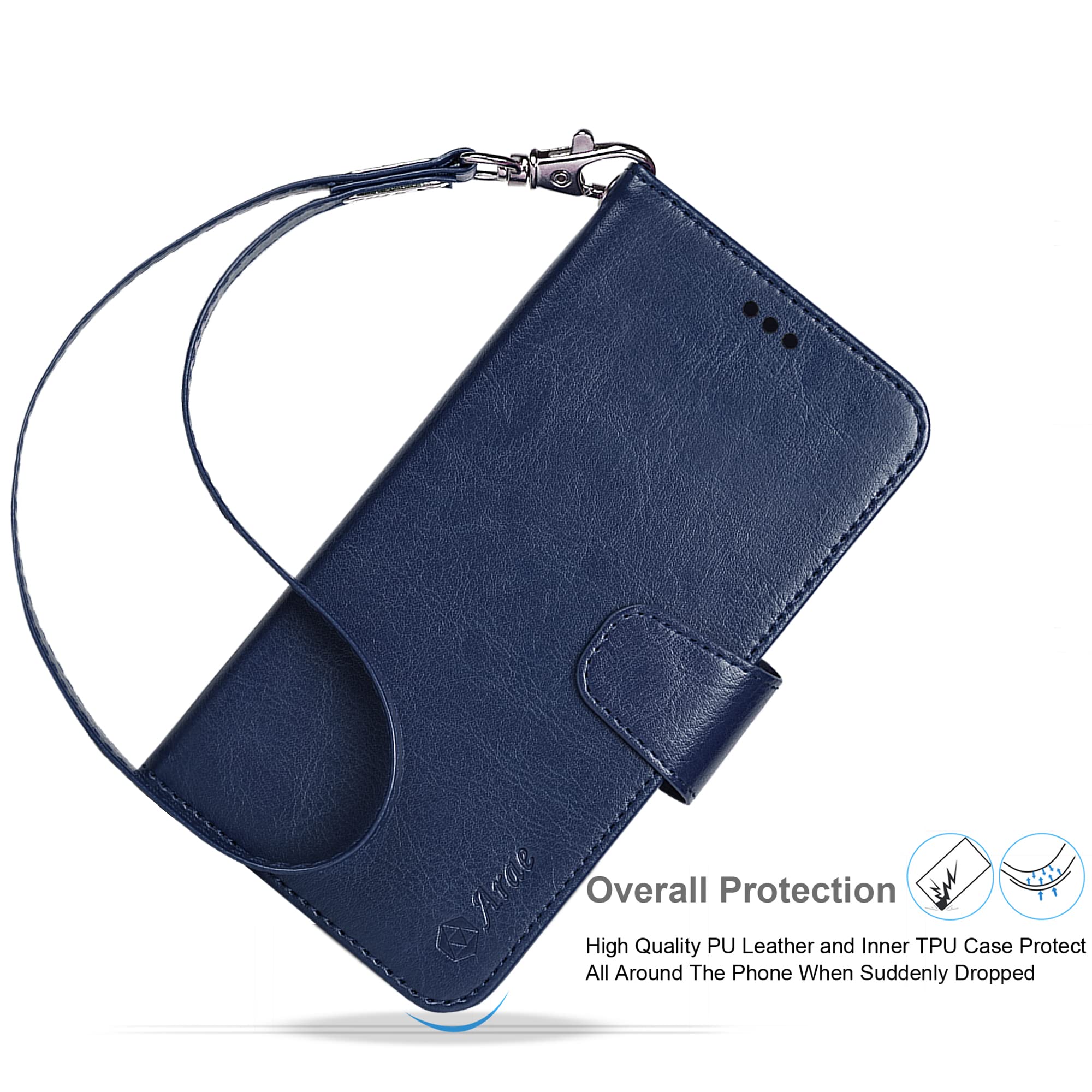 Arae Compatible with iPhone 13 Case with Card Holder and Wrist Strap Wallet Flip Cover for iPhone 13 6.1 inch-Blue