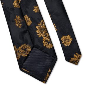 DiBanGu Men Golden Black Floral Neckties Silk Black Floral Tie and Pocket Square Cufflinks Party Wedding