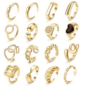 haiaiso 16pcs gold chunky dome ring set for women 18k gold plated stackable open link ring trendy braided twisted geometric heart signet ring adjustable band ring minimalist statement over 3 years old