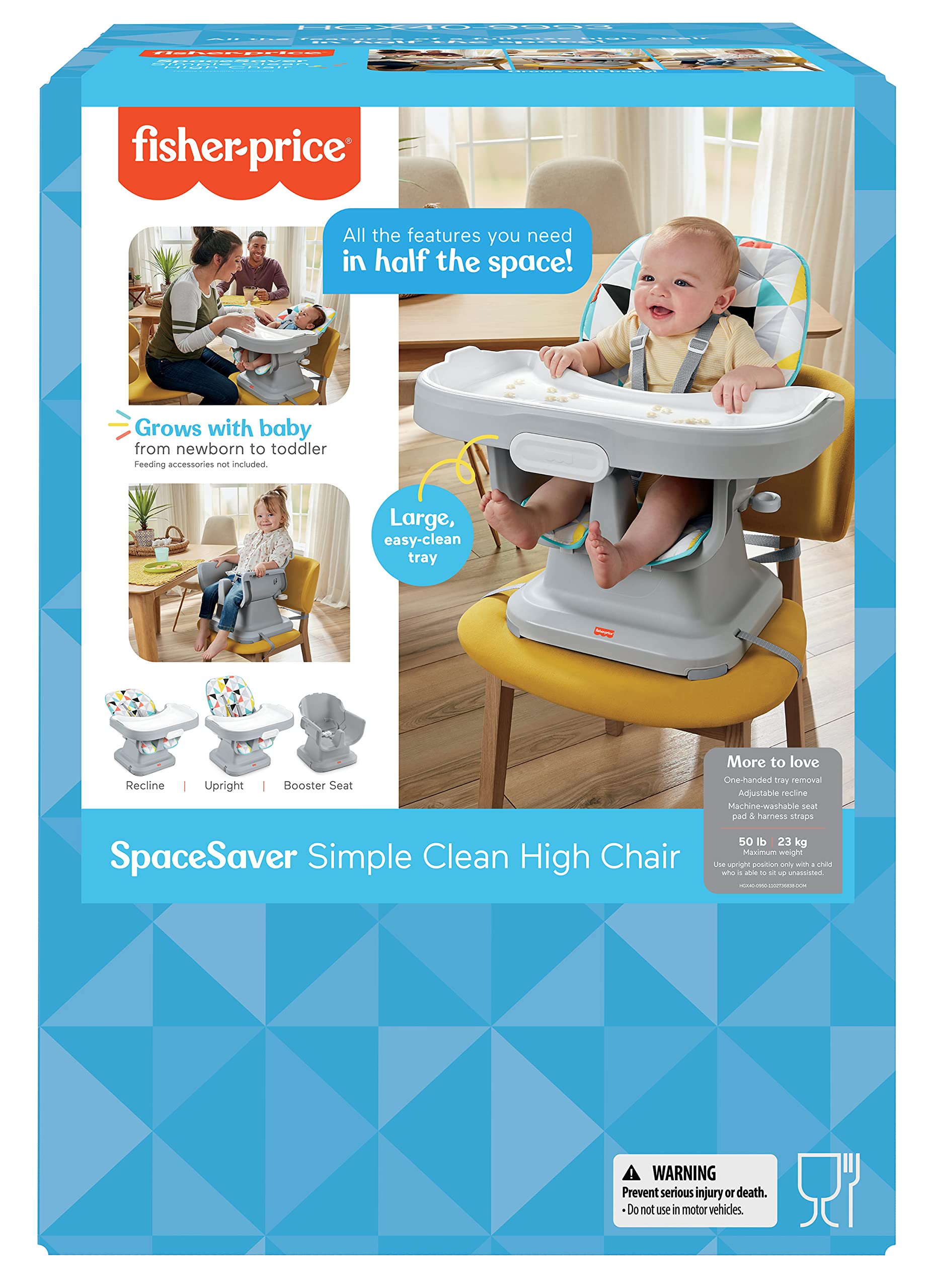 Fisher-Price SpaceSaver Simple Clean High Chair Baby to Toddler Portable Dining Seat with Removable Tray Liner, Windmill