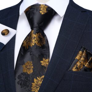 DiBanGu Men Golden Black Floral Neckties Silk Black Floral Tie and Pocket Square Cufflinks Party Wedding