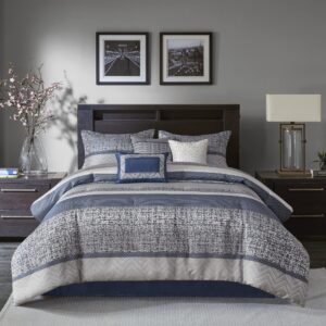 madison park luxury comforter set-traditional jacquard design all season down alternative bedding, matching bedskirt, decorative pillows, queen(90"x90"), rhapsody, geometric navy 7 piece