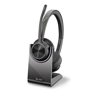 poly - voyager 4320 uc wireless headset + charge stand (plantronics) - headphones with boom mic - connect to pc/mac via usb-c bluetooth adapter, cell phone via bluetooth - works with teams, zoom &more