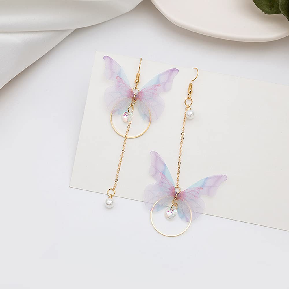 Long Butterfly Chain Tassel Drop Dangle Earrings for Women Asymmetric Butterfly Pearl Circle Pendants Earrings Colored Tulle Butterfly Wings Earrings (Butterfly-1)