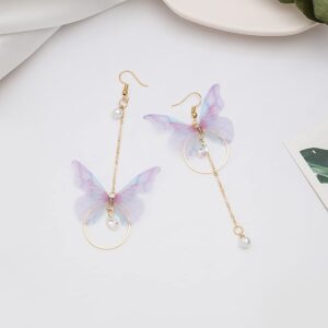 Long Butterfly Chain Tassel Drop Dangle Earrings for Women Asymmetric Butterfly Pearl Circle Pendants Earrings Colored Tulle Butterfly Wings Earrings (Butterfly-1)