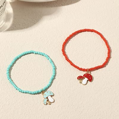 Bohemian Colorful Rice Bead Crystal Elastic Bracelet Cute Funny Mushroom Avocado Fruit Pendant Bracelet Summer Beach Jewelry for Women-D mushroom