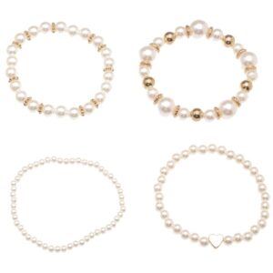 caiyao temperament fashion imitated pearl stackable layered bracelets statement big large faux pearl bead heart bangle white round pearl seed bracelets for women jewelry-4pcs