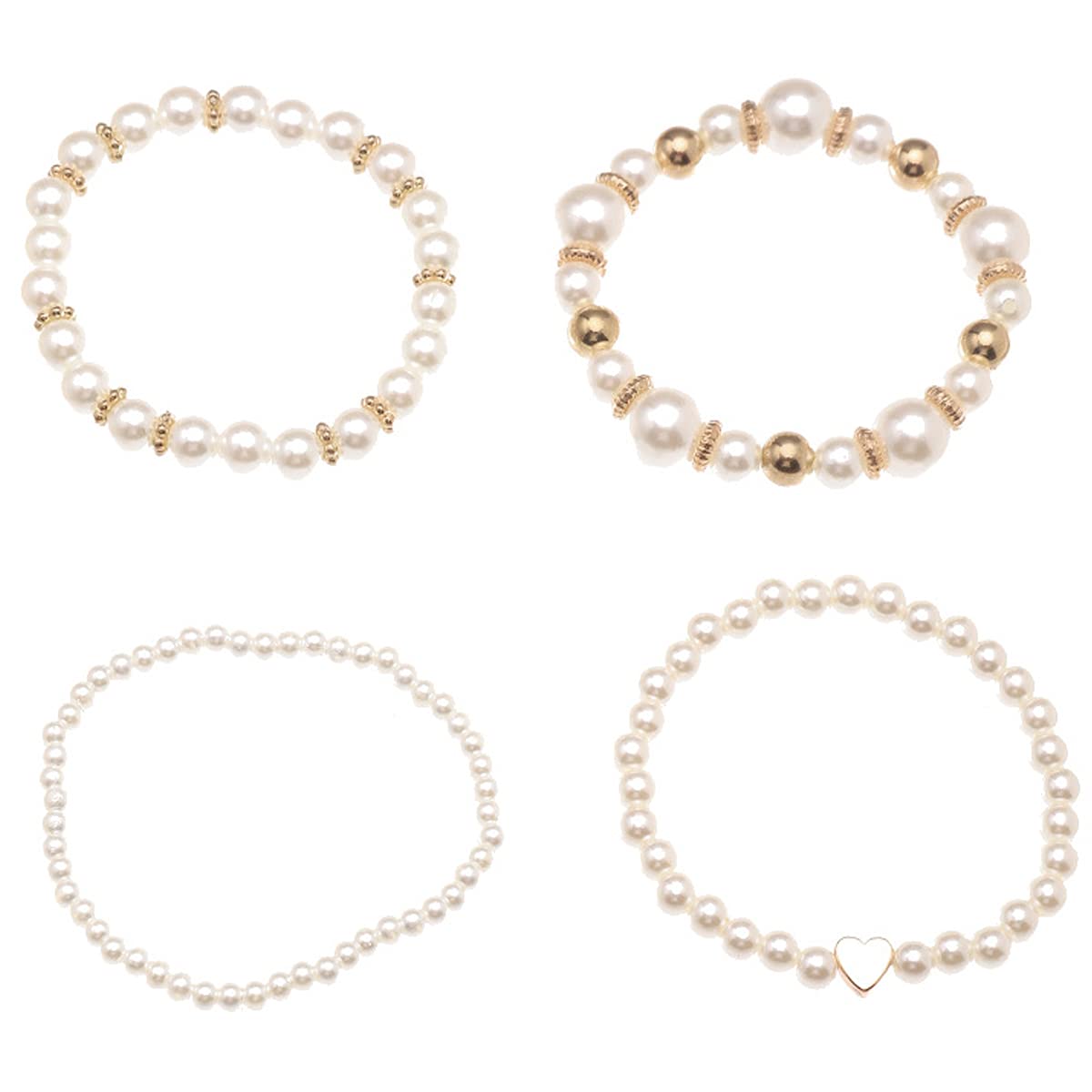 Caiyao Temperament Fashion Imitated Pearl Stackable Layered Bracelets Statement Big Large Faux Pearl Bead Heart Bangle White Round Pearl Seed Bracelets for Women Jewelry-4Pcs