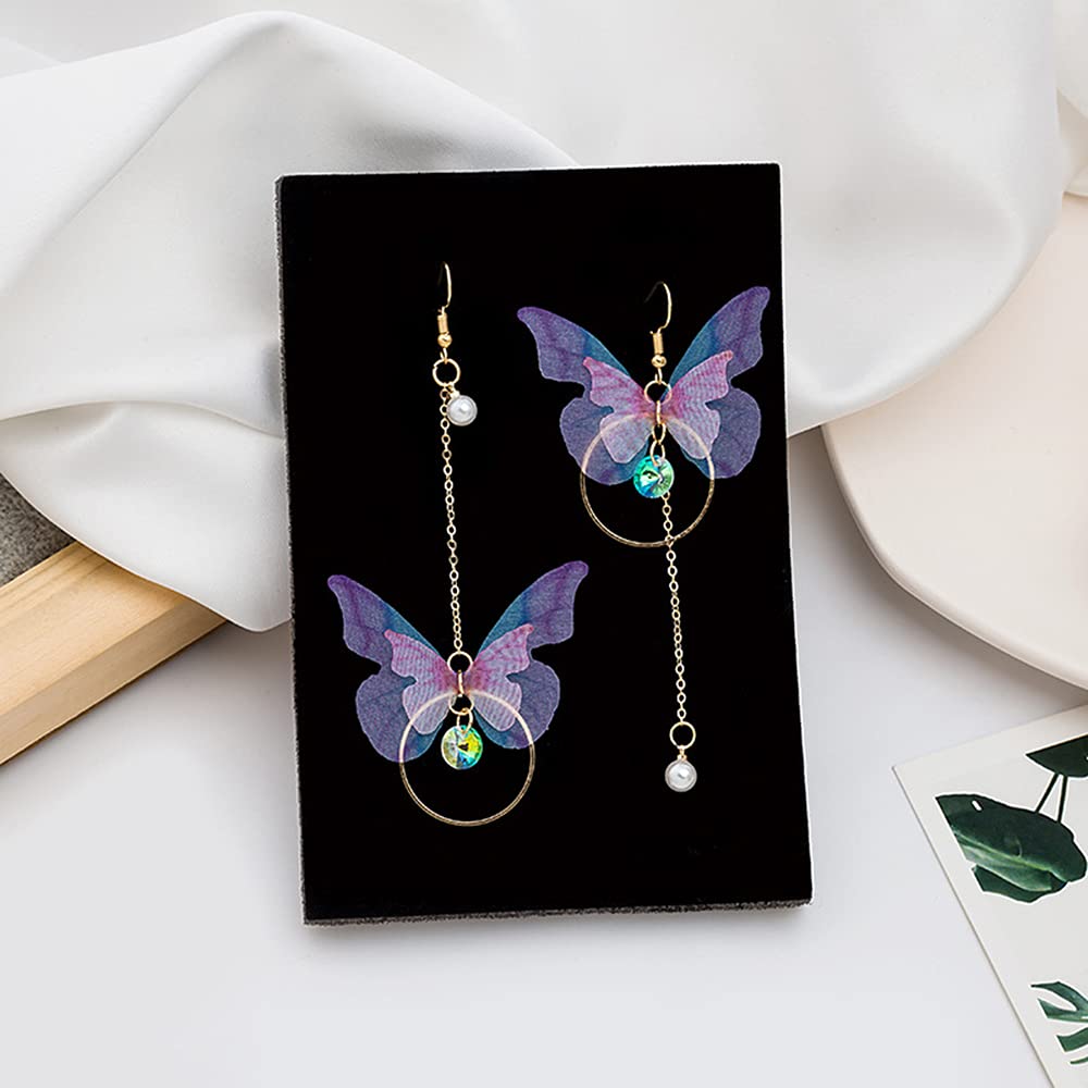 Long Butterfly Chain Tassel Drop Dangle Earrings for Women Asymmetric Butterfly Pearl Circle Pendants Earrings Colored Tulle Butterfly Wings Earrings (Butterfly-1)