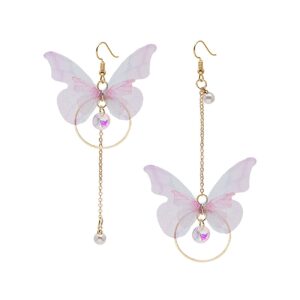 long butterfly chain tassel drop dangle earrings for women asymmetric butterfly pearl circle pendants earrings colored tulle butterfly wings earrings (butterfly-1)