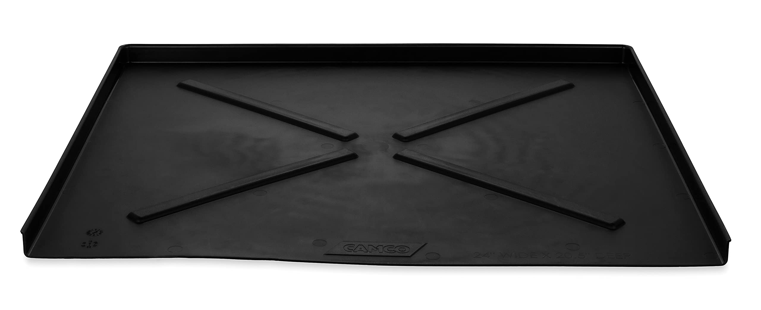 Camco Dishwasher Drain Pan | Protects Floors, Cabinets, Walls & Features Front Opening for Easy Leak Detection | Crafted of Heavy-Duty Polymer | Black, 23-5/8” x 20-1/2” (20602)