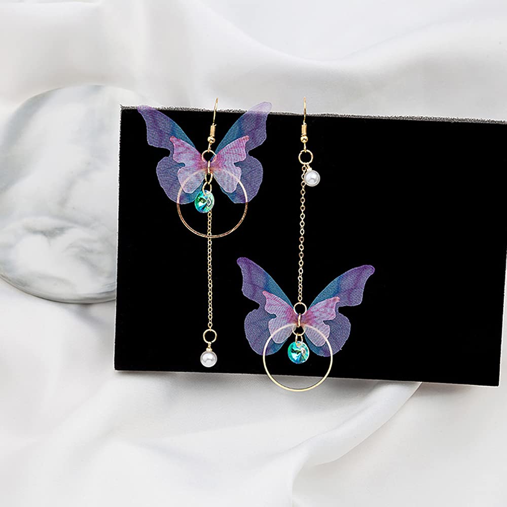 Long Butterfly Chain Tassel Drop Dangle Earrings for Women Asymmetric Butterfly Pearl Circle Pendants Earrings Colored Tulle Butterfly Wings Earrings (Butterfly-1)