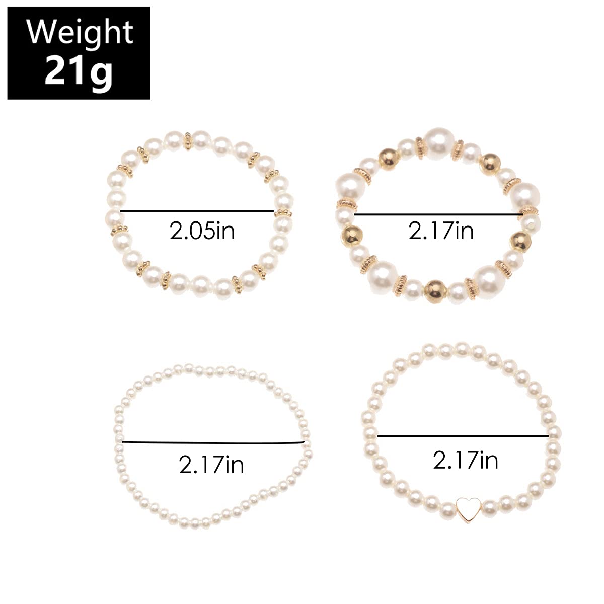 Caiyao Temperament Fashion Imitated Pearl Stackable Layered Bracelets Statement Big Large Faux Pearl Bead Heart Bangle White Round Pearl Seed Bracelets for Women Jewelry-4Pcs