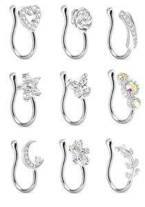 barnabys nose cuffs non piercing. pack of 9 nose cuffs - silver with rhinestones. 9 stylish designs to choose from - nose cuff jewellery for non pierced nose - clip on design - silver