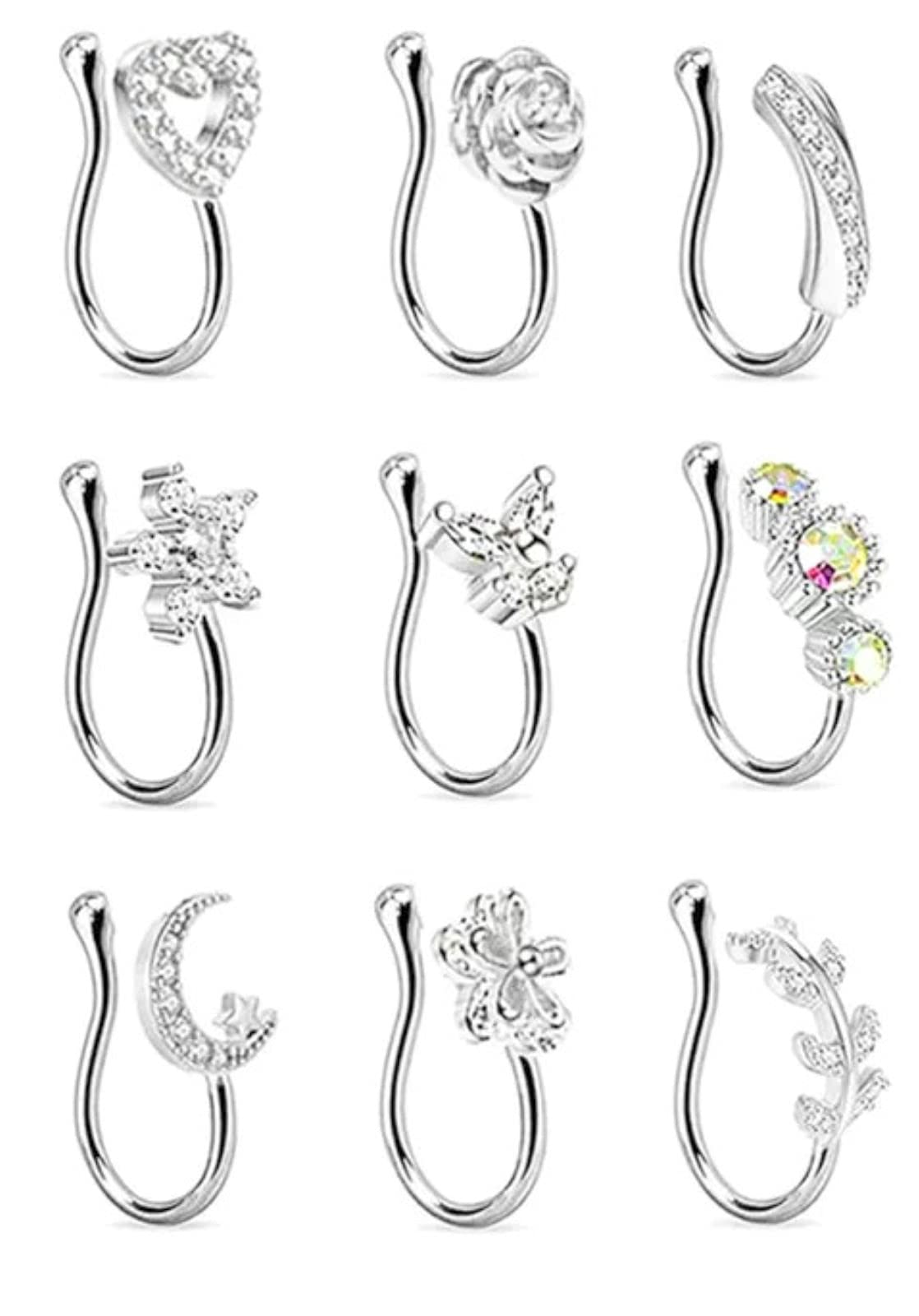 Barnabys Nose Cuffs Non Piercing. Pack of 9 Nose Cuffs - Silver With Rhinestones. 9 Stylish Designs to choose from - Nose Cuff Jewellery for Non Pierced Nose - Clip on Design - Silver