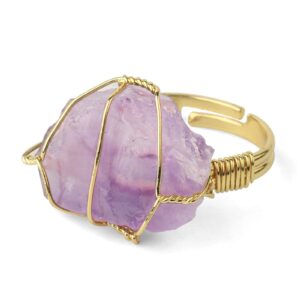 handmade raw healing crystal natural stone finger ring copper wire wrapped irregular crystal gemstone adjustalble ring jewelry for women -d purple