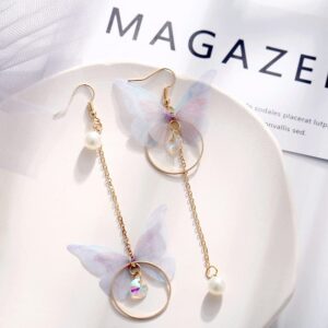 Long Butterfly Chain Tassel Drop Dangle Earrings for Women Asymmetric Butterfly Pearl Circle Pendants Earrings Colored Tulle Butterfly Wings Earrings (Butterfly-1)