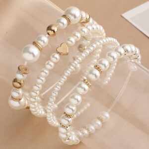 Caiyao Temperament Fashion Imitated Pearl Stackable Layered Bracelets Statement Big Large Faux Pearl Bead Heart Bangle White Round Pearl Seed Bracelets for Women Jewelry-4Pcs