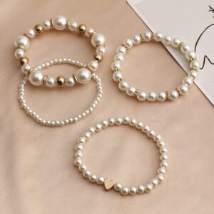 Caiyao Temperament Fashion Imitated Pearl Stackable Layered Bracelets Statement Big Large Faux Pearl Bead Heart Bangle White Round Pearl Seed Bracelets for Women Jewelry-4Pcs