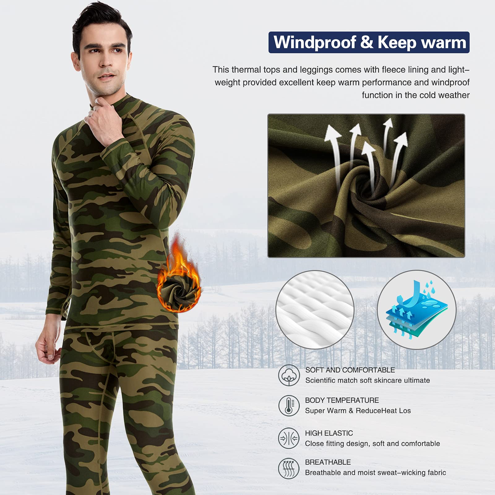 MeetHoo Men's Compression Base Layers Long Johns Winter Gear with Fleece Lined for Skiing, Camo, XX-Large