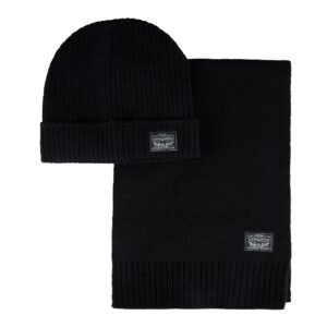 levi's men's winter warm knit beanie hat and scarf set, black ribbed, one size