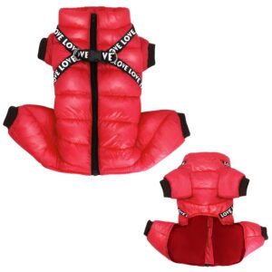 Didog Winter Small Dog Coats,Waterproof Jackets with Harness & D Rings,Warm Zip Up Cold Weather Coats for Puppy & Cats Walking Hiking,Red,Chest: 15"