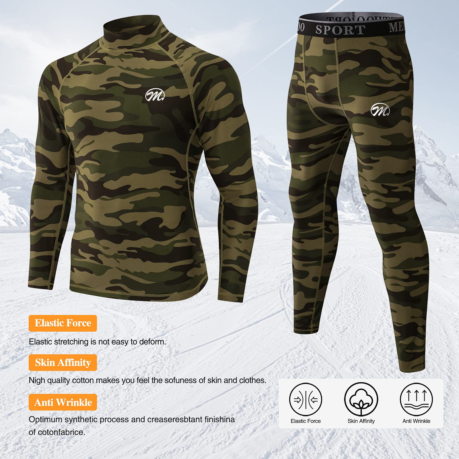 MeetHoo Men's Compression Base Layers Long Johns Winter Gear with Fleece Lined for Skiing, Camo, XX-Large