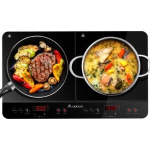 aobosi double induction cooktop burner with 240 mins timer, 1800w 2 induction burner with 10 temperature 9 power settings, portable induction cooktop with touch sensor control & child safety lock