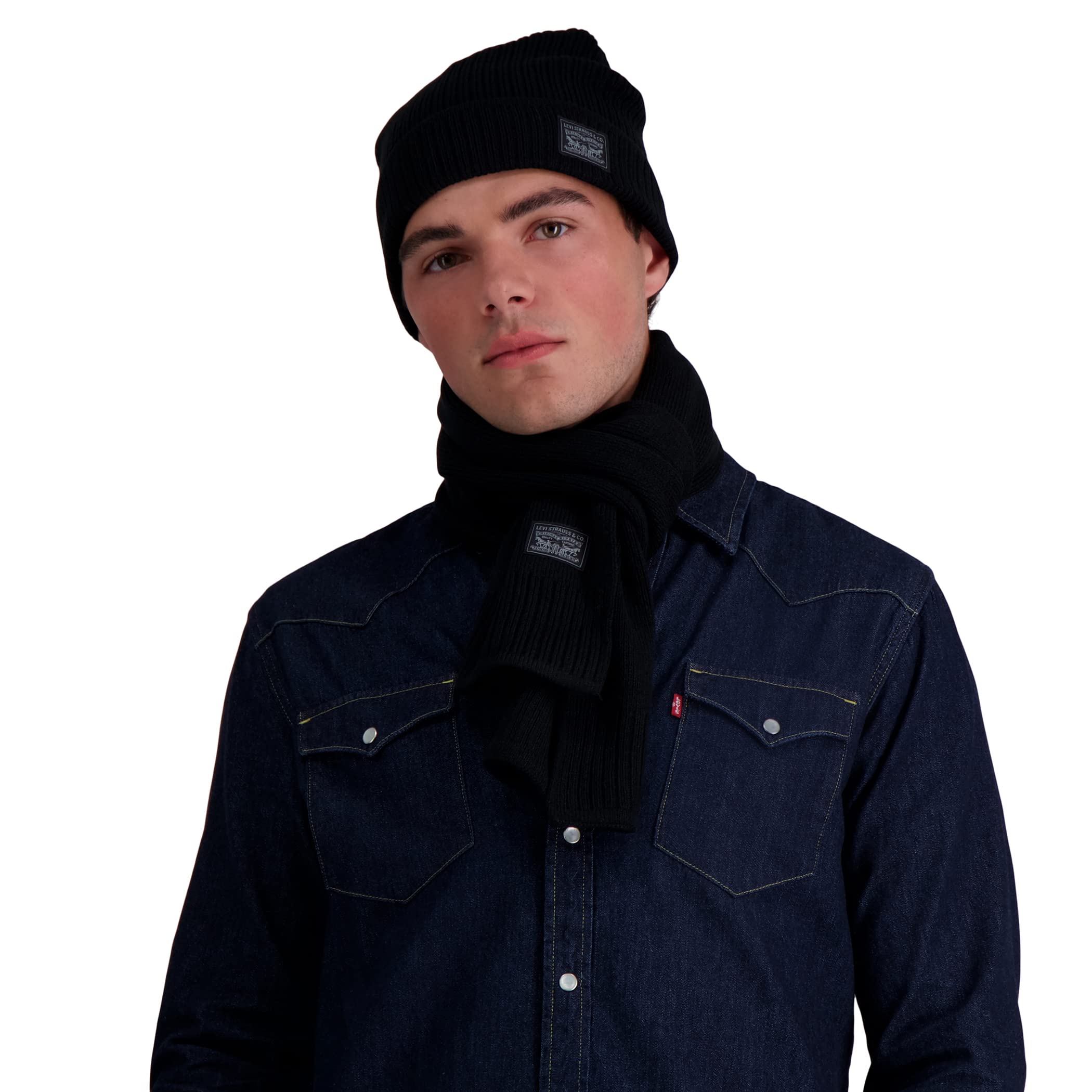 Levi's Men's Winter Warm Knit Beanie Hat and Scarf Set, Black Ribbed, One Size