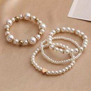 Caiyao Temperament Fashion Imitated Pearl Stackable Layered Bracelets Statement Big Large Faux Pearl Bead Heart Bangle White Round Pearl Seed Bracelets for Women Jewelry-4Pcs