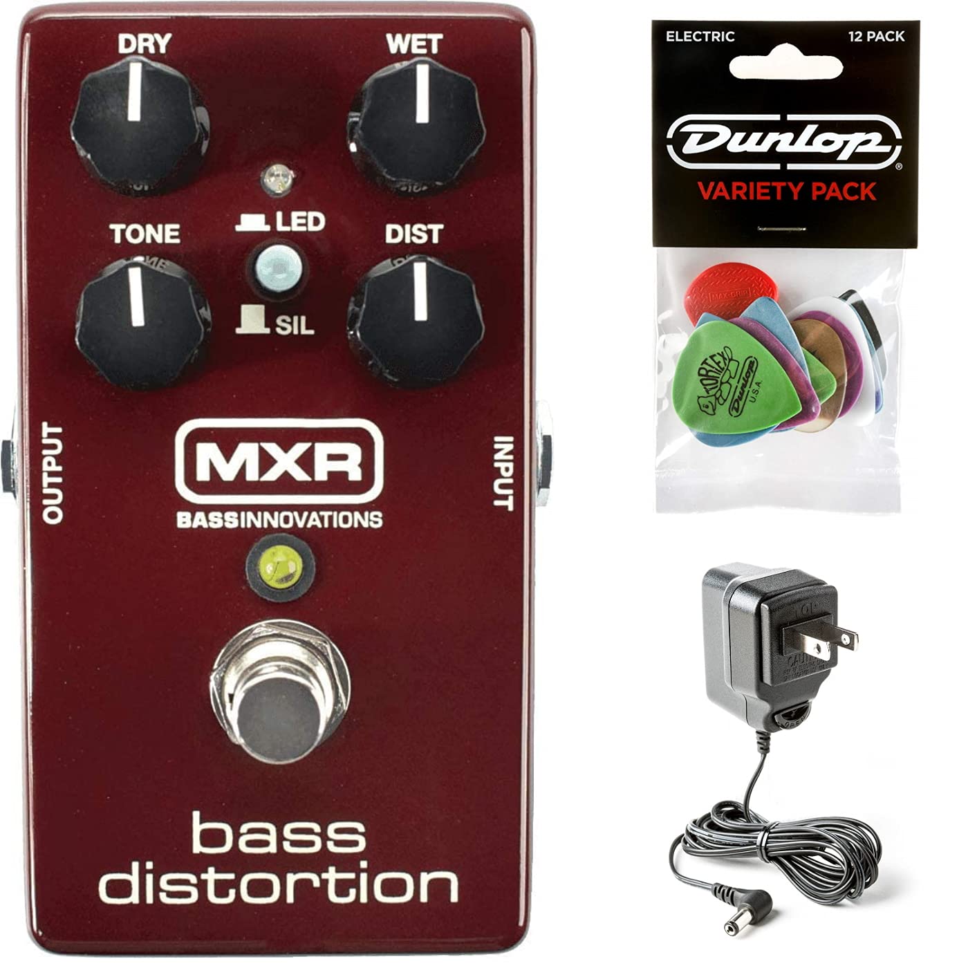 Briskdrop MXR M85 Bass Distortion Pedal Bundle with Dunlop ECB003 Power Supply and Dunlop Variety Pick Pack(M85bundle2)