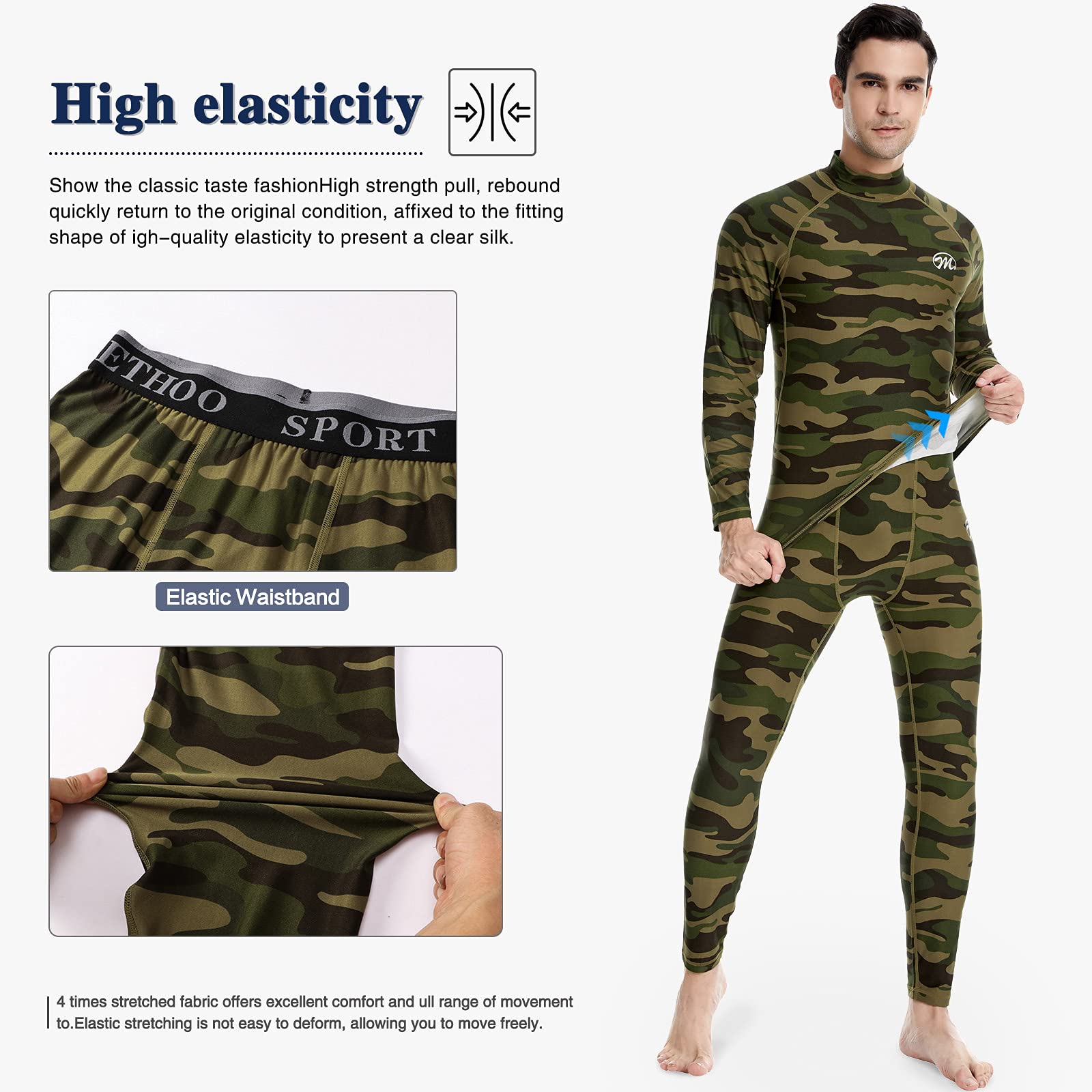 MeetHoo Men's Compression Base Layers Long Johns Winter Gear with Fleece Lined for Skiing, Camo, XX-Large