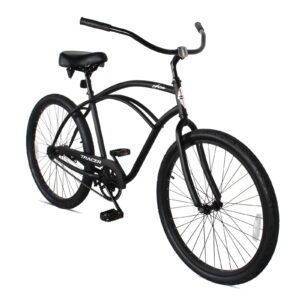 tracer ace 26" beach cruiser bike adult, 26 inch wheels, steel step over or step through steel frame, coaster brake, hybrid bike, 1 speed, complete cruiser, matte black(male, m)