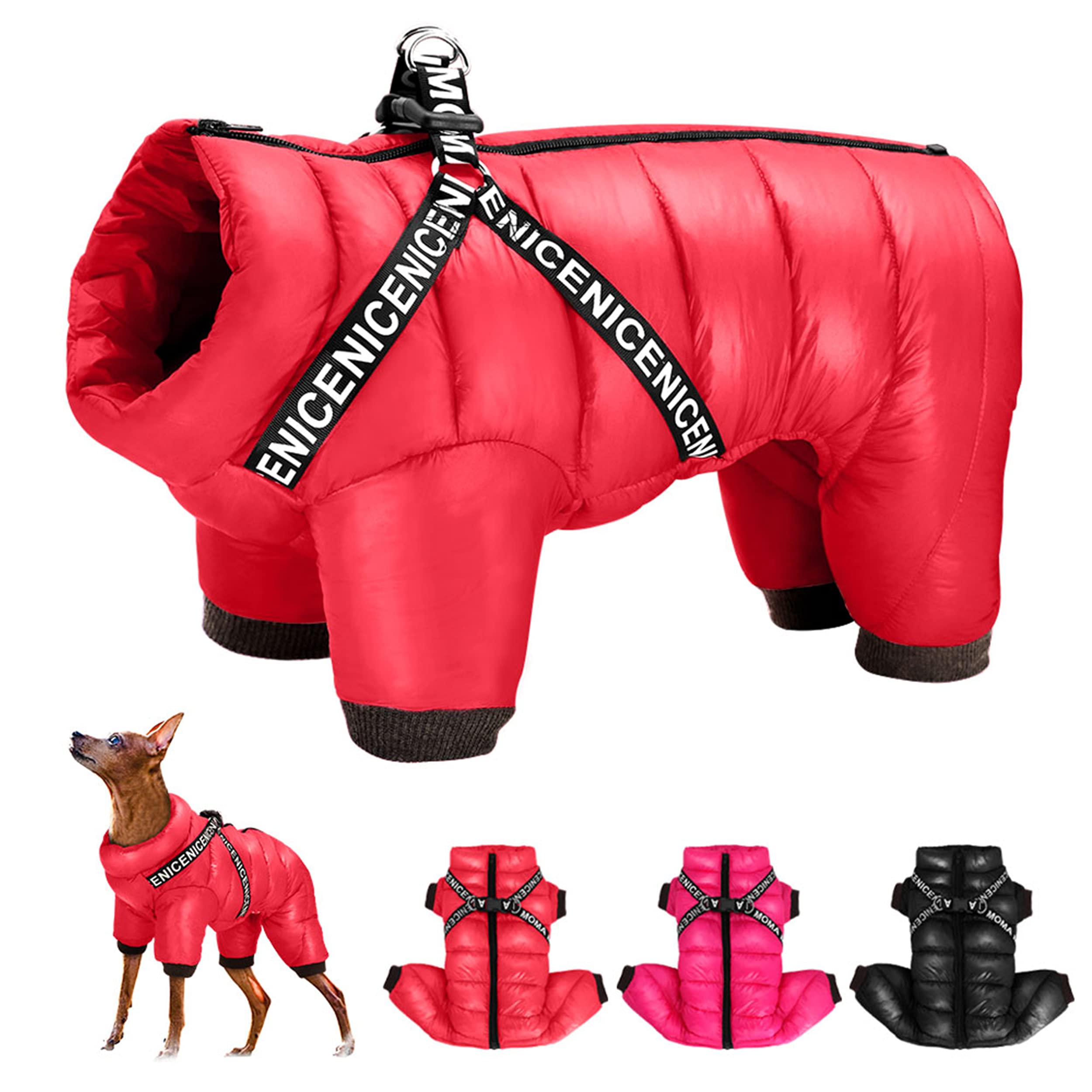 Didog Winter Small Dog Coats,Waterproof Jackets with Harness & D Rings,Warm Zip Up Cold Weather Coats for Puppy & Cats Walking Hiking,Red,Chest: 15"