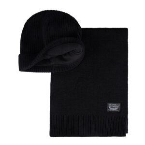 Levi's Men's Winter Warm Knit Beanie Hat and Scarf Set, Black Ribbed, One Size