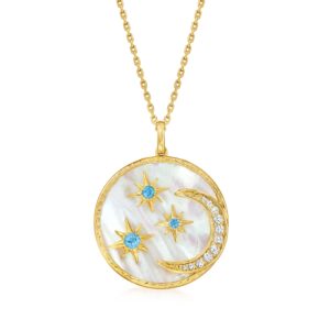 ross-simons mother-of-pearl and .50 ct. t.w. white and swiss blue topaz moon and stars pendant necklace in 18kt gold over sterling. 18 inches