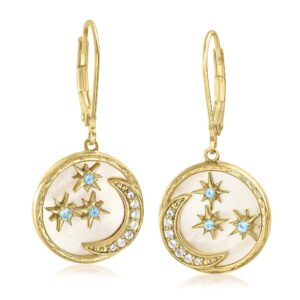 ross-simons mother-of-pearl and .20 ct. t.w. white and swiss blue topaz moon and stars drop earrings in 18kt gold over sterling