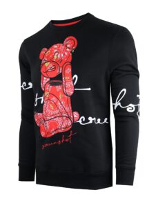 screenshot-f1122 mens urban hip hop premium fleece - head lifting paisley cartoon teddy bear crew neck streetwear sweatshirt-black/red-large