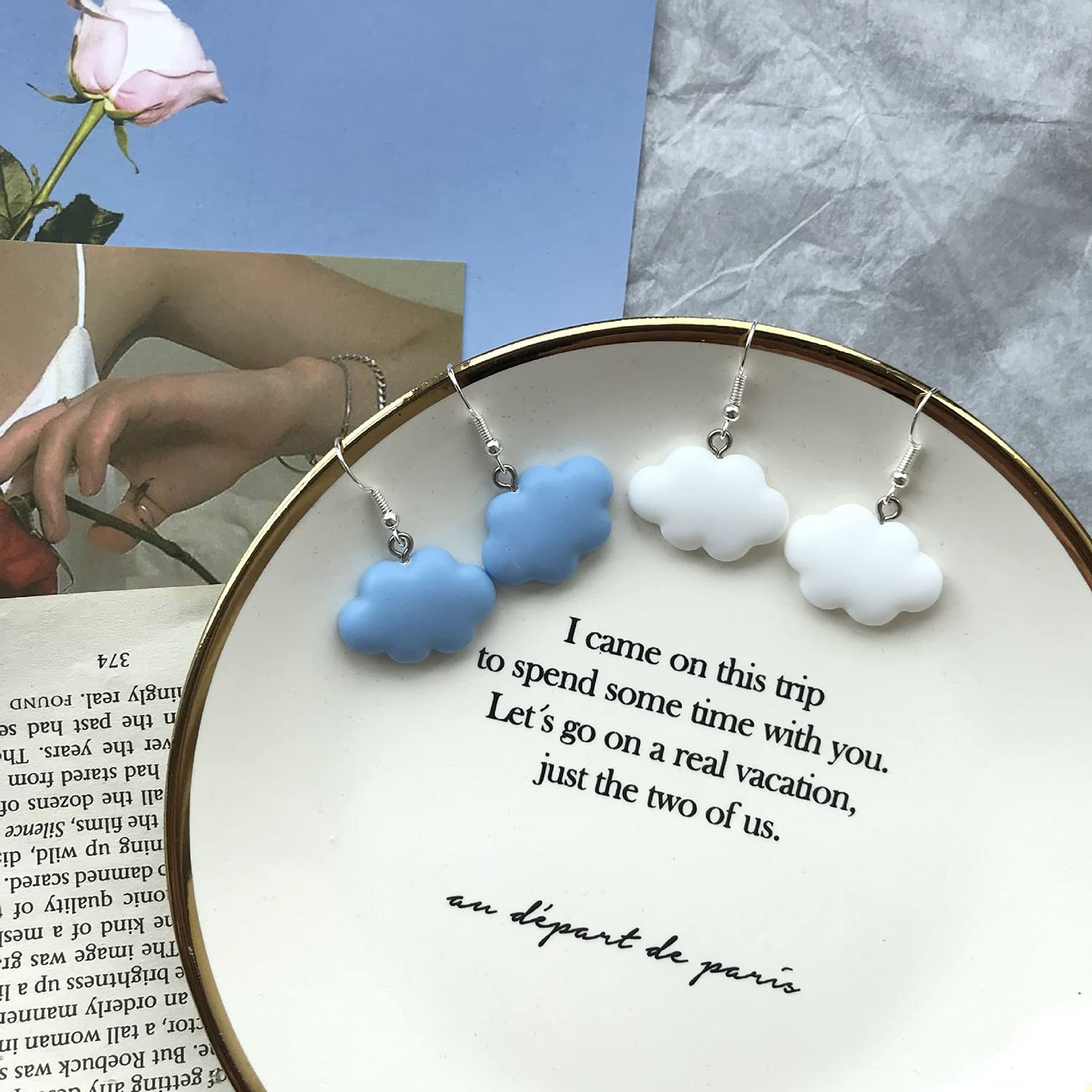 Just Follow 6 Pairs Simple Handmade Lovely White Blue Pink Resin Clouds Dangle Earrings Set Weather Jewelry for Women (Clouds Earrings- 6 Pairs)